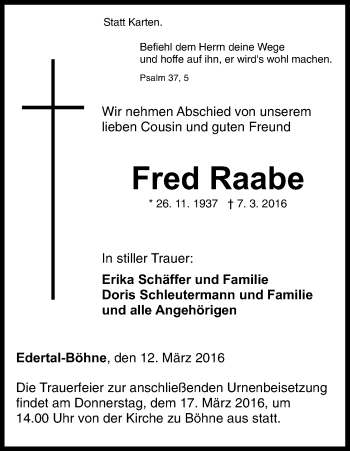Traueranzeigen von Fred Raabe | trauer.wlz-online.de