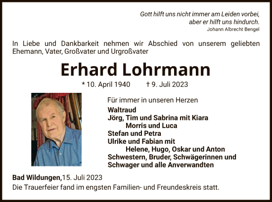Traueranzeigen von Erhard Lohrmann | trauer.wlz-online.de